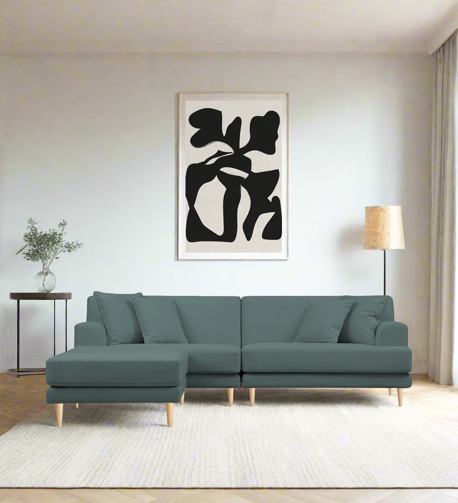 Woody Fabric RHS Sectional Sofa (3+Lounger) In Pista Green Colour