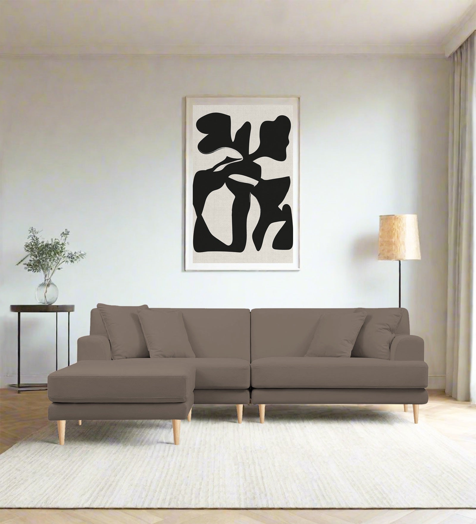 Woody Fabric RHS Sectional Sofa (3+Lounger) In Rock Beige Colour
