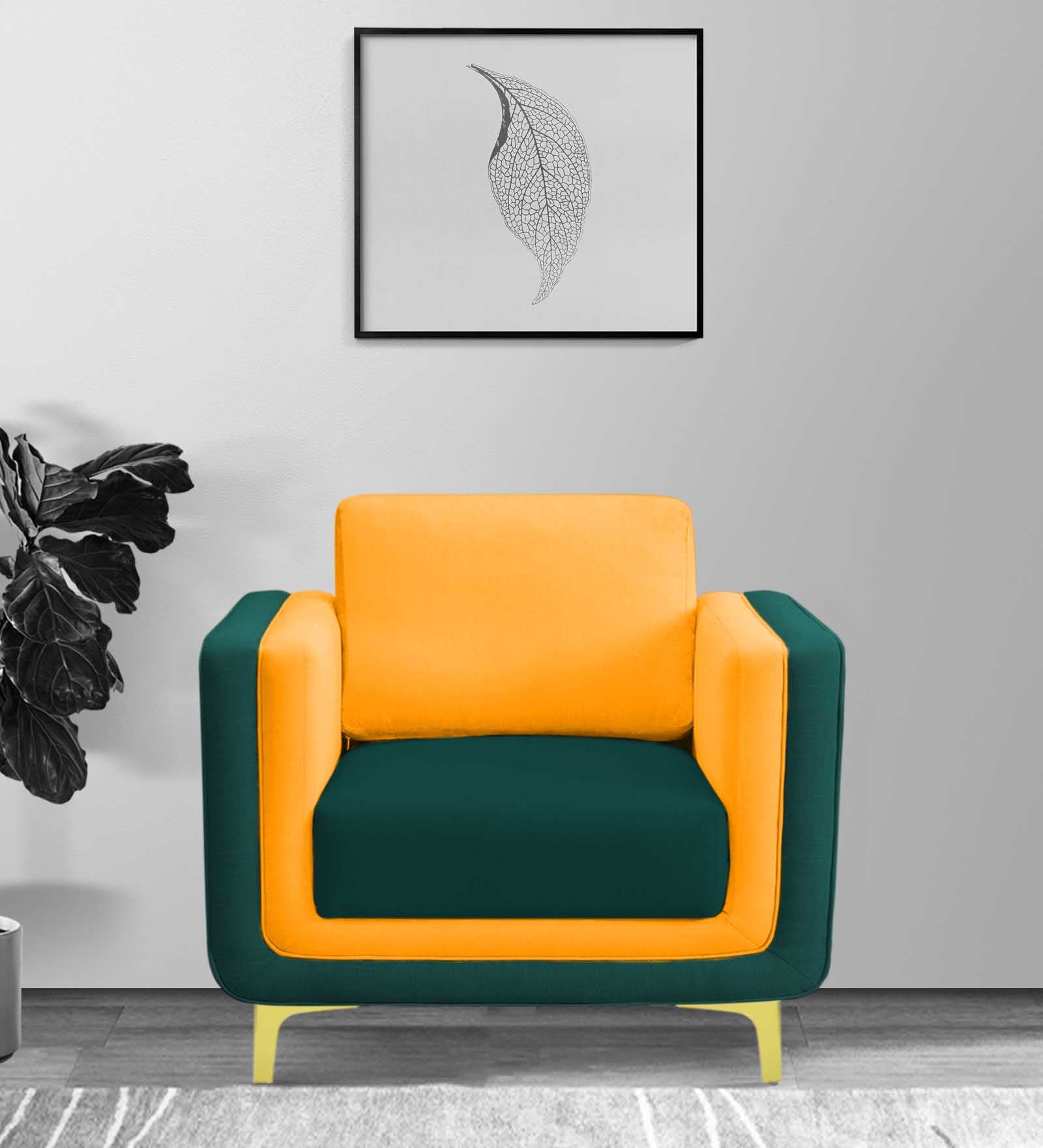 Visky Velvet 1 Seater Sofa In Saffron Yellow And Amazon Green Colour
