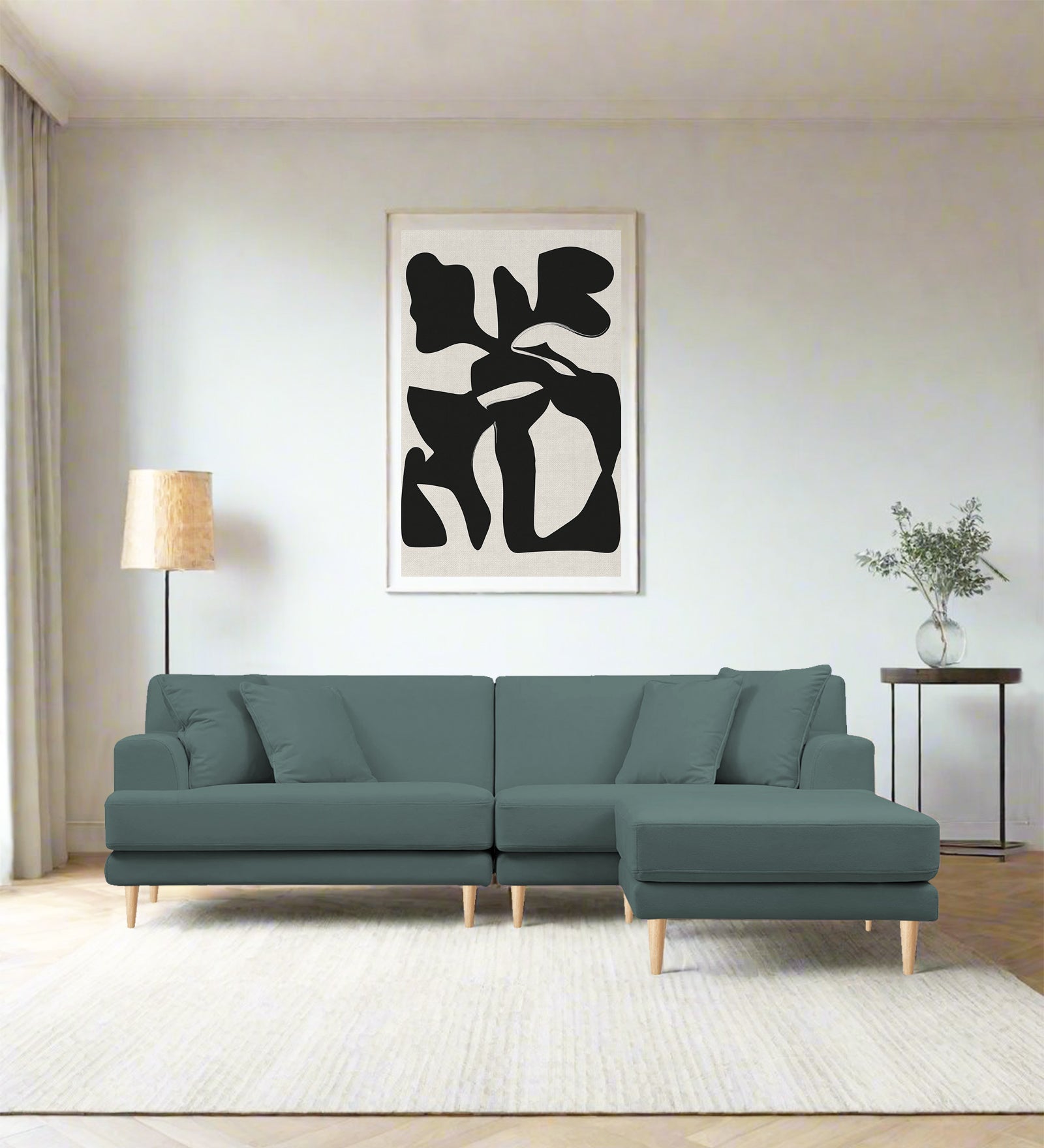 Woody Fabric LHS Sectional Sofa (3+Lounger) In Pista Green Colour
