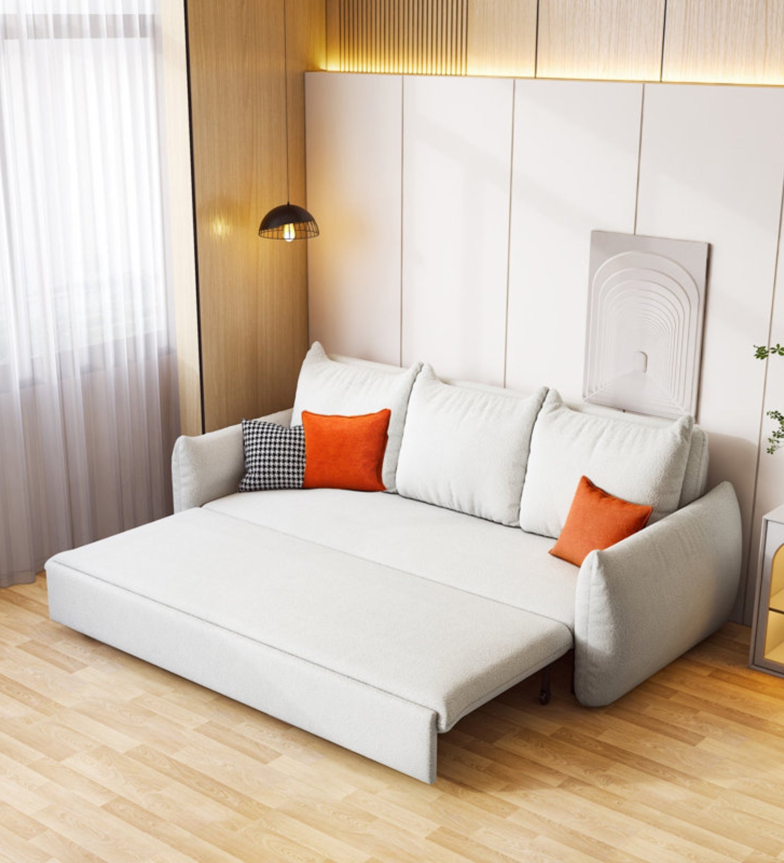 Allison Fur Fabric 3 Seater Pull Out Sofa Cum Bed In Bright White Colo